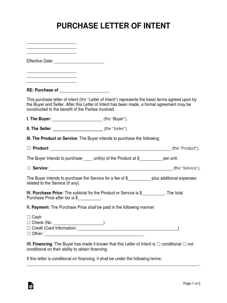 Purchase Letter of Intent | PDF | Cheque | Specific Performance