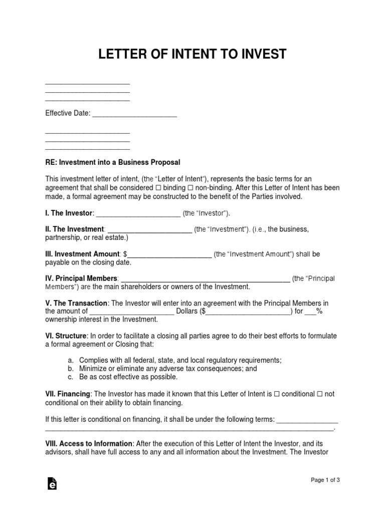 Business Investment Letter of Intent | PDF | Investing | Confidentiality