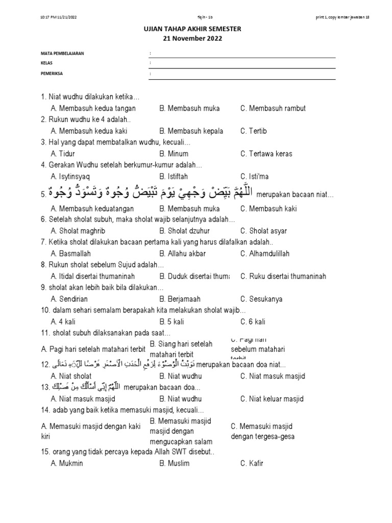 Contoh Soal FIQIH KELAS 1 B | PDF