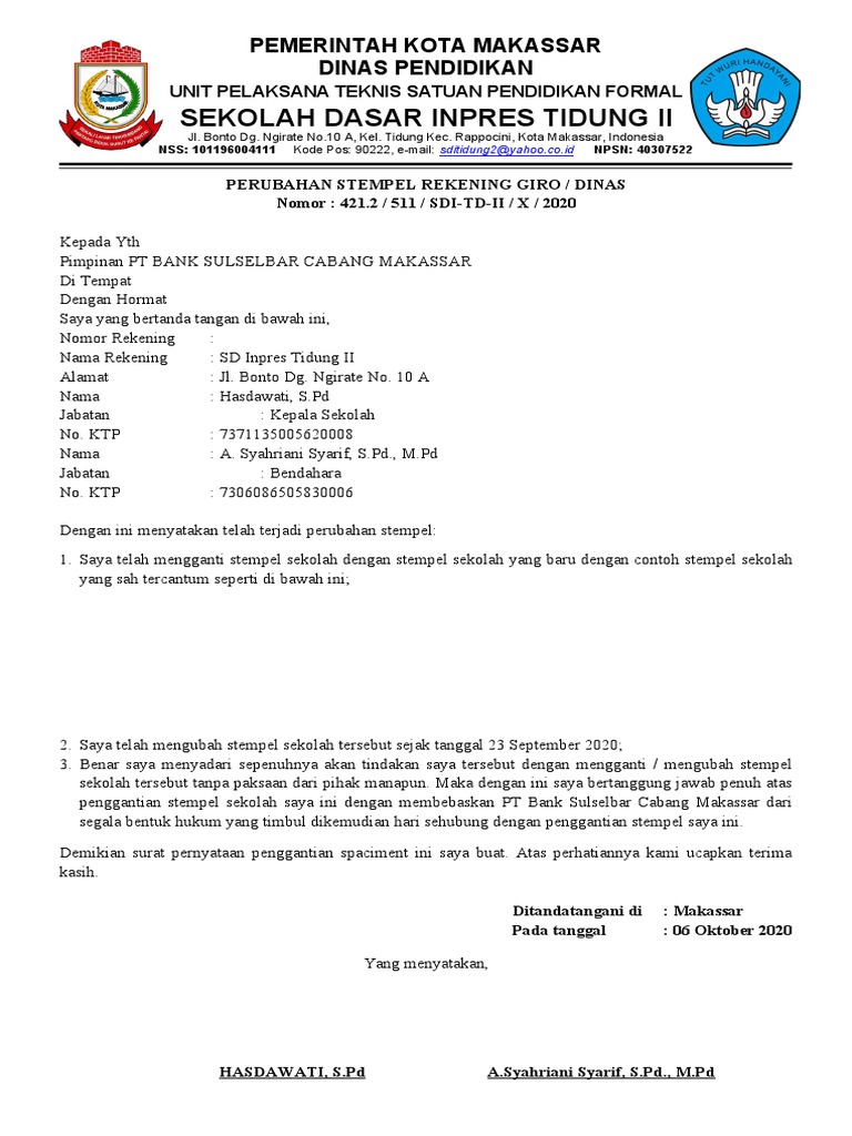 Surat Perubahan Stempel Rekening Giro Dinas | PDF