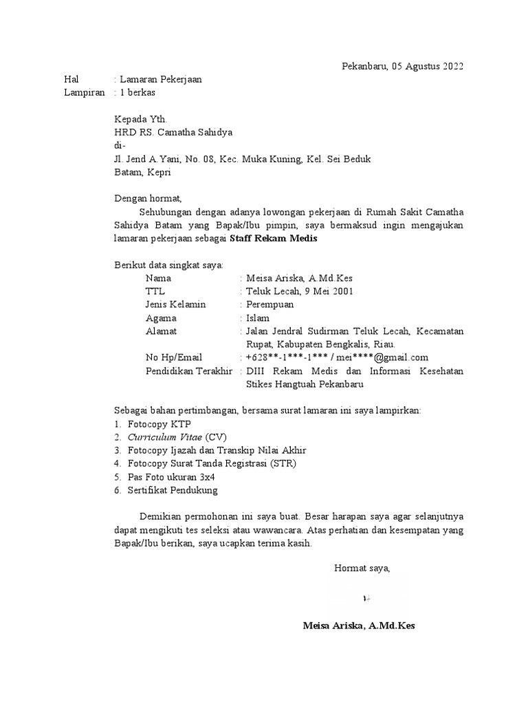 Contoh Surat Lamaran Kerja Tulis Tangan | PDF