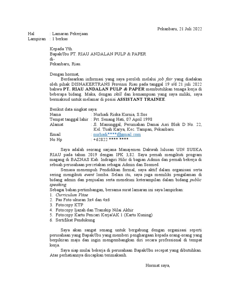 Contoh Surat Lamaran Untuk Job Fair | PDF