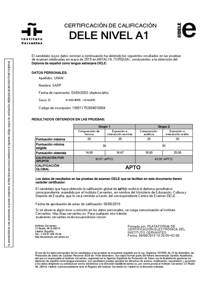 Certificado DELE A1: Resultados Aprobados | PDF