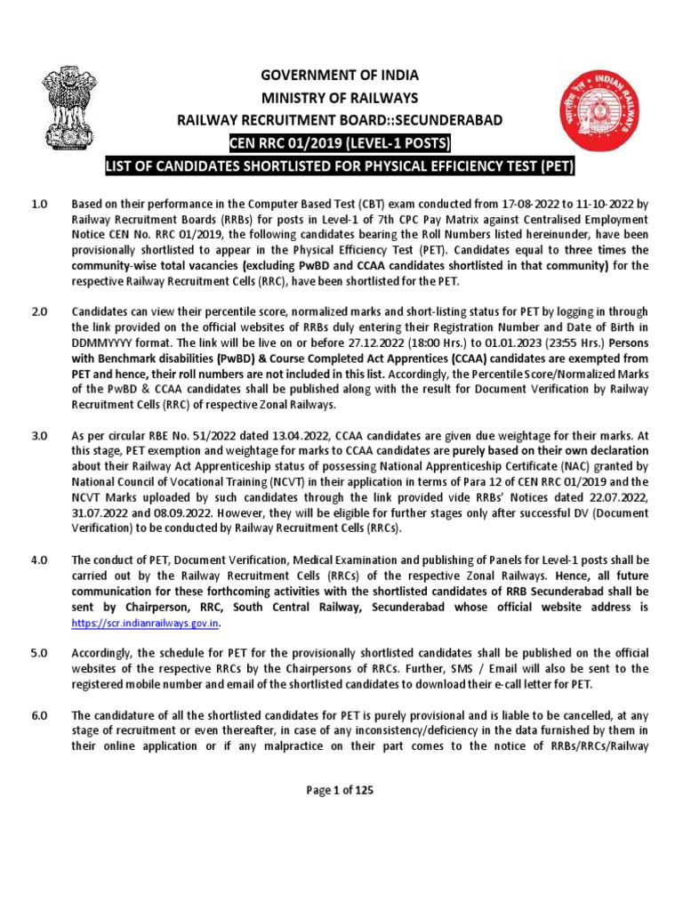 RRC Level-1 CEN-01-2019 CBT Results For PET 22-Dec-2022 | PDF | Finance ...