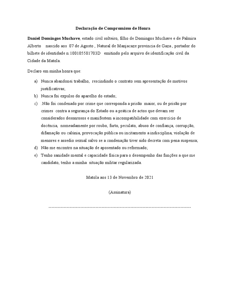 Compromisso de Honra Exemplo | PDF