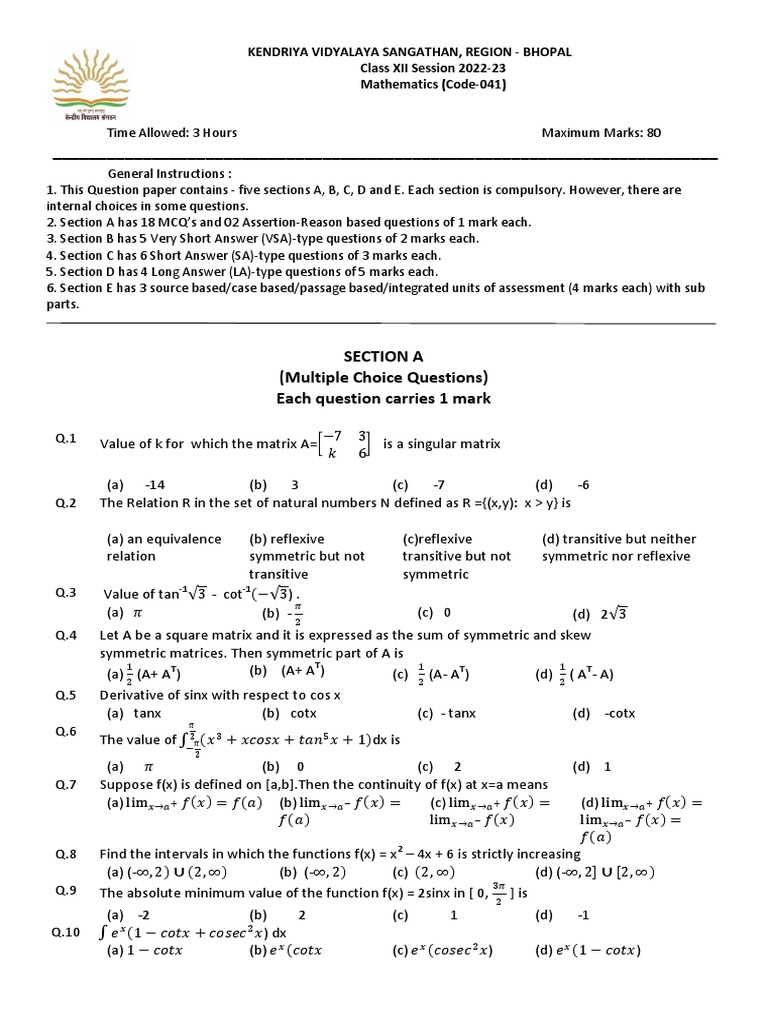 Mathematics Exam: Detailed Instructions and Questions for Class 12 Students | PDF | Ordinary ...