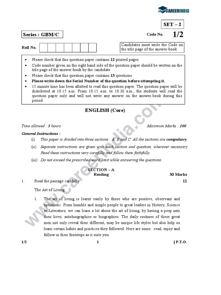 CBSE Class12 English Core Set 2 IOP-COMPTT Exam Question Paper 2017 ...