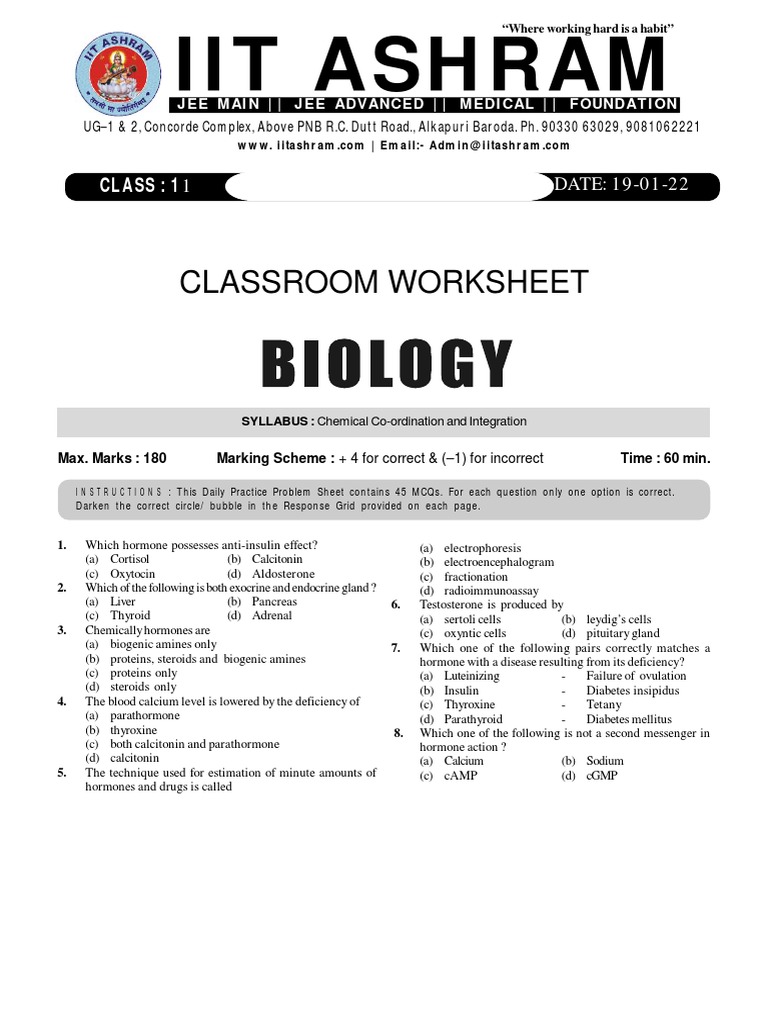 Class 11 Biology Sheet - 1 | PDF | Hormone | Endocrine System