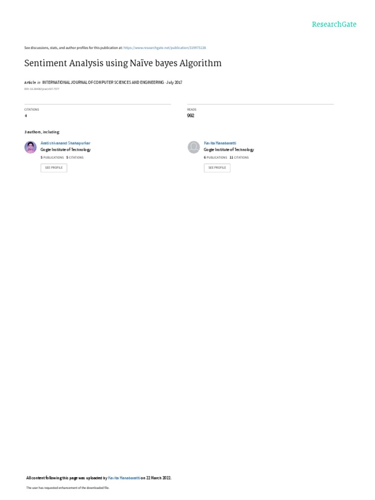 Sentiment Analysis Using Naive Bayes Algorithm Pdf Statistical Classification Cognition