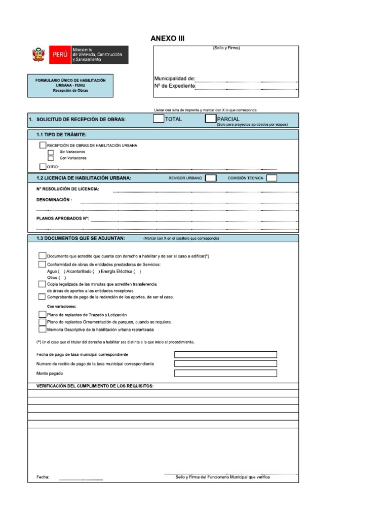 Formulario Único de Habilitación Urbana - FUHU Recepción de Obras | PDF