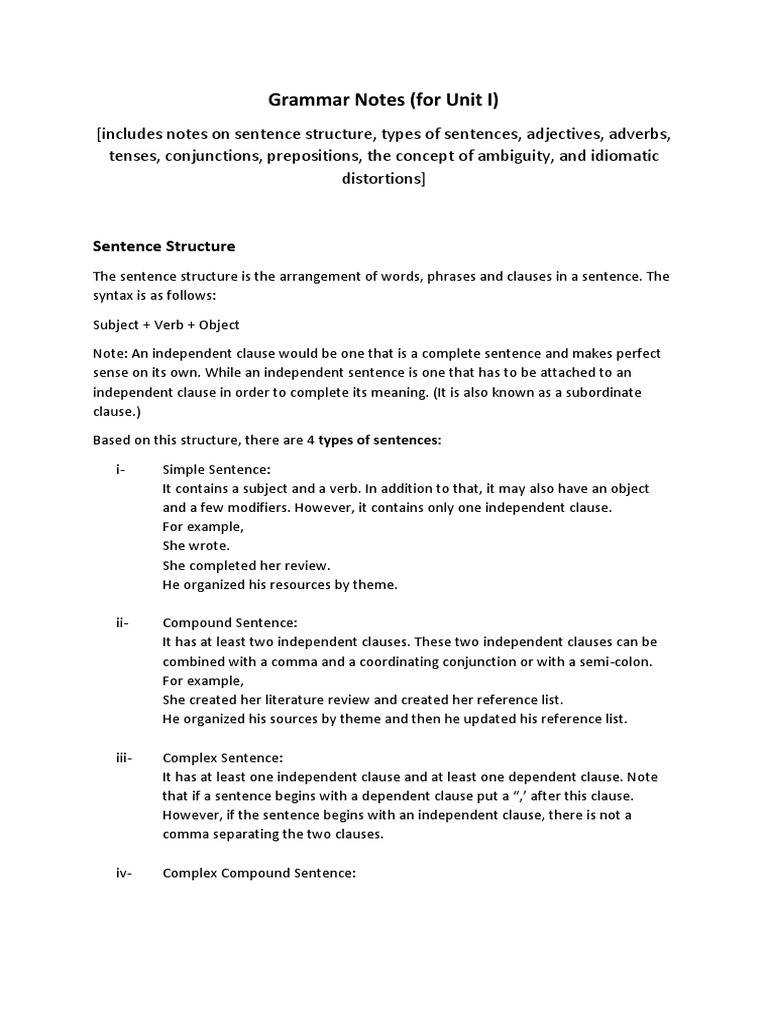 Basic Grammar Notes For B.Tech (1st Years) | PDF | Verb | Clause