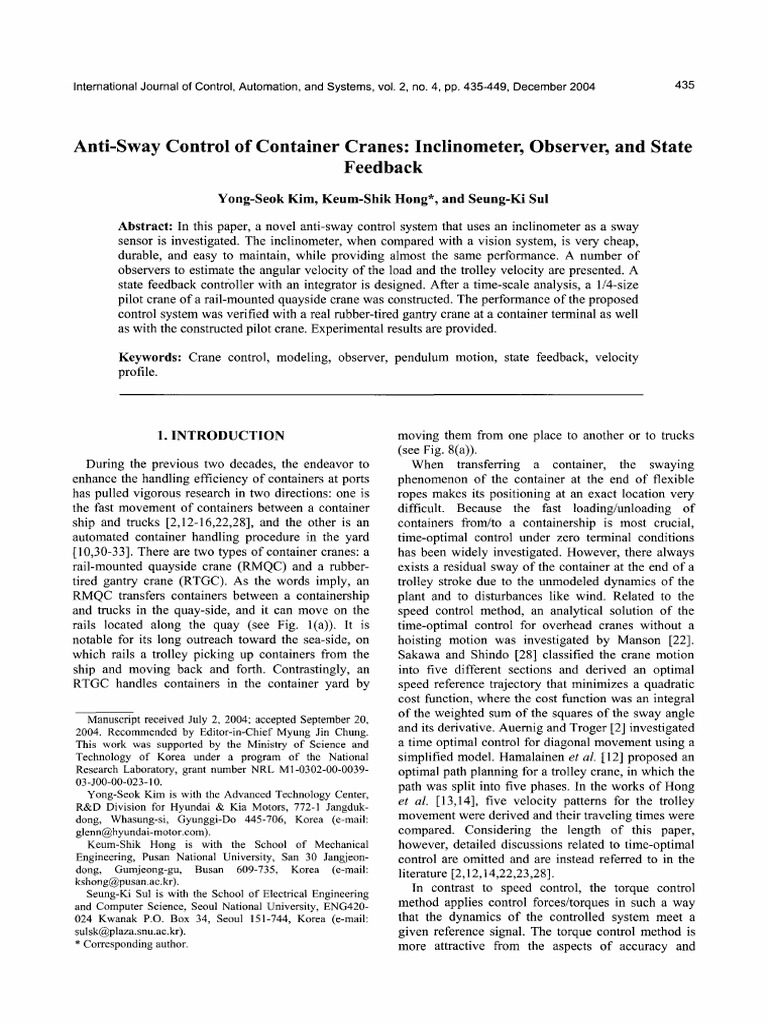 Anti-Sway Control of Container Cranes - Inclinometer, Observer, and ...