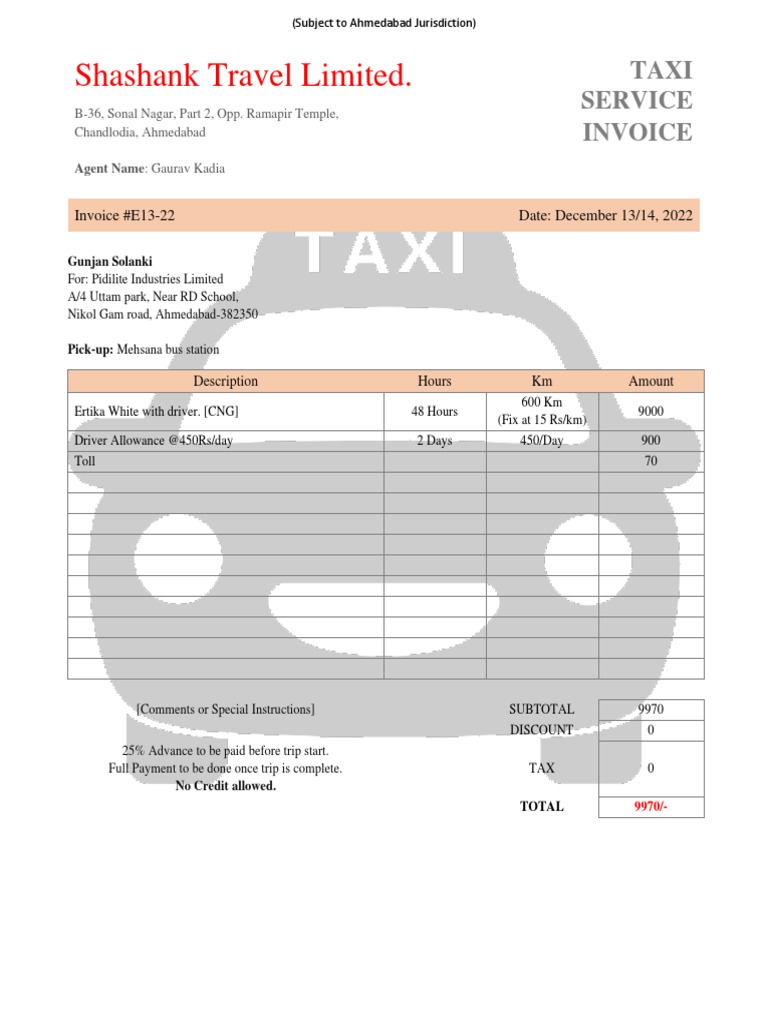 Mehsana Taxi Bill | PDF
