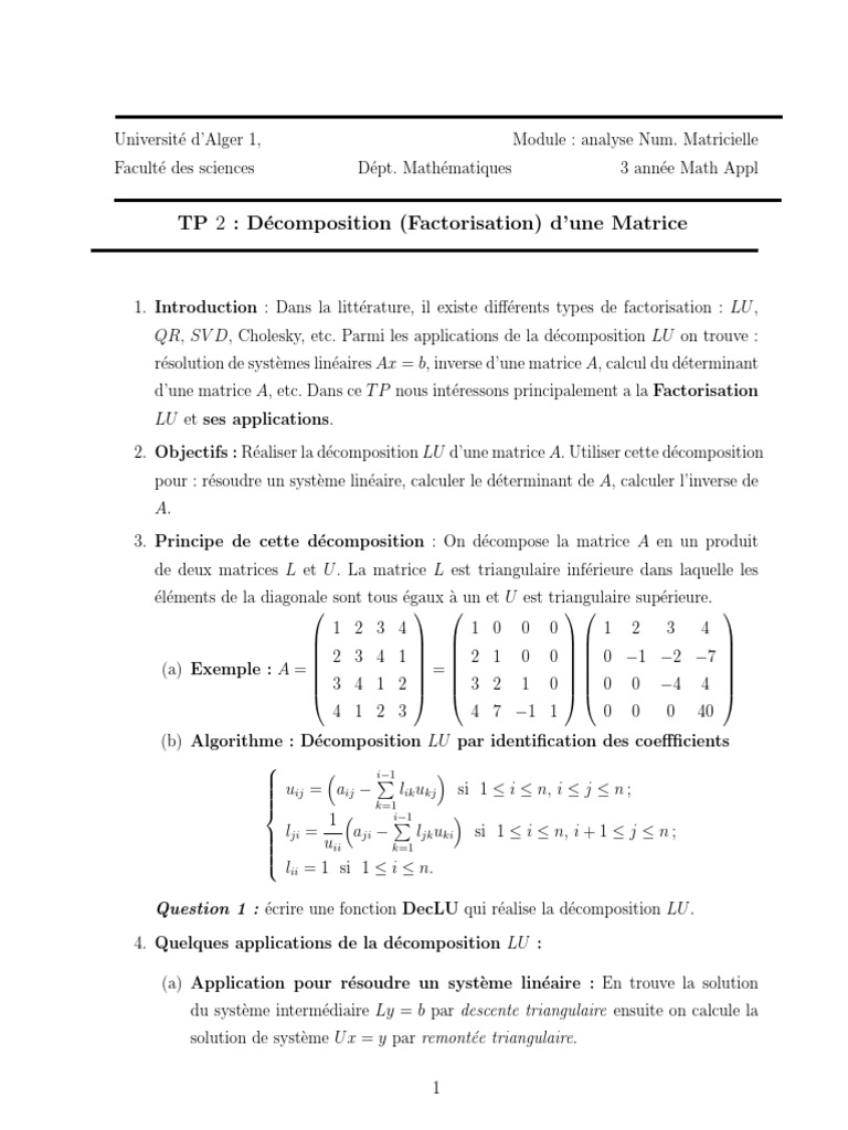 TP 2 Decomposition | PDF | Algèbre | Algorithmes et structures de données