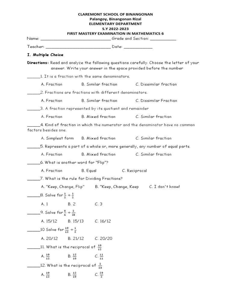 Mathematics 6 Quarterly Exam | PDF | Division (Mathematics) | Numbers