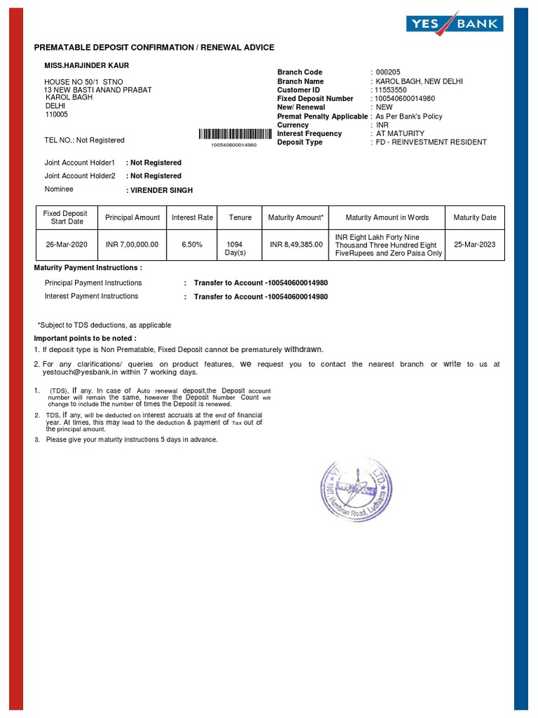 Fixed Deposit Confirmation for Miss Harjinder Kaur with Details on ...
