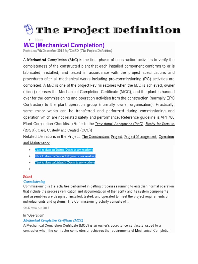 M/C (Mechanical Completion) : 7Th December 2015 Thepd (The Project ...