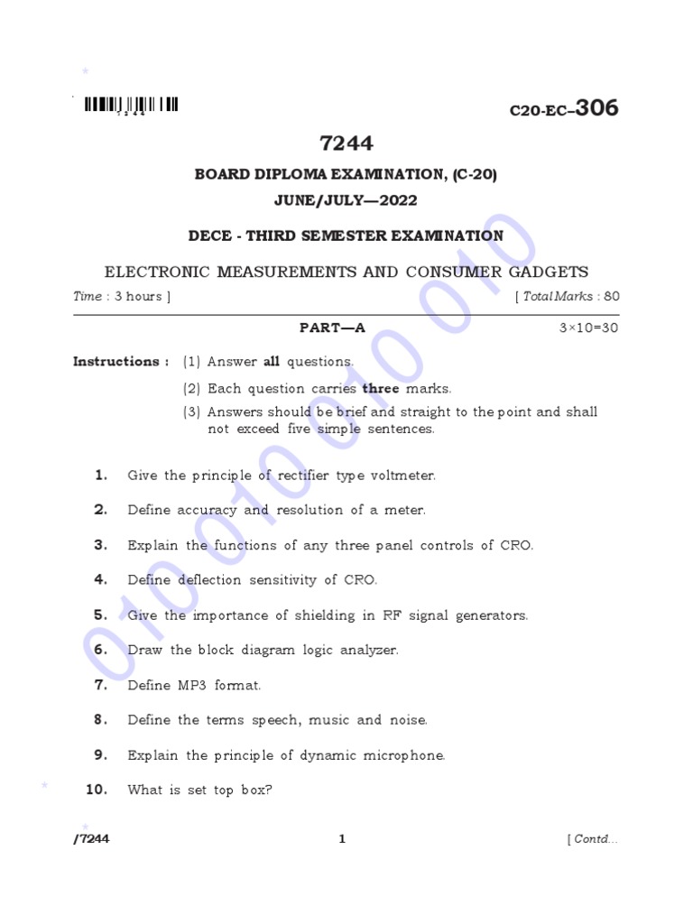 Electronic Measurements and Consumer Gadgets: Part-A Instructions: (1) Answer All Questions ...