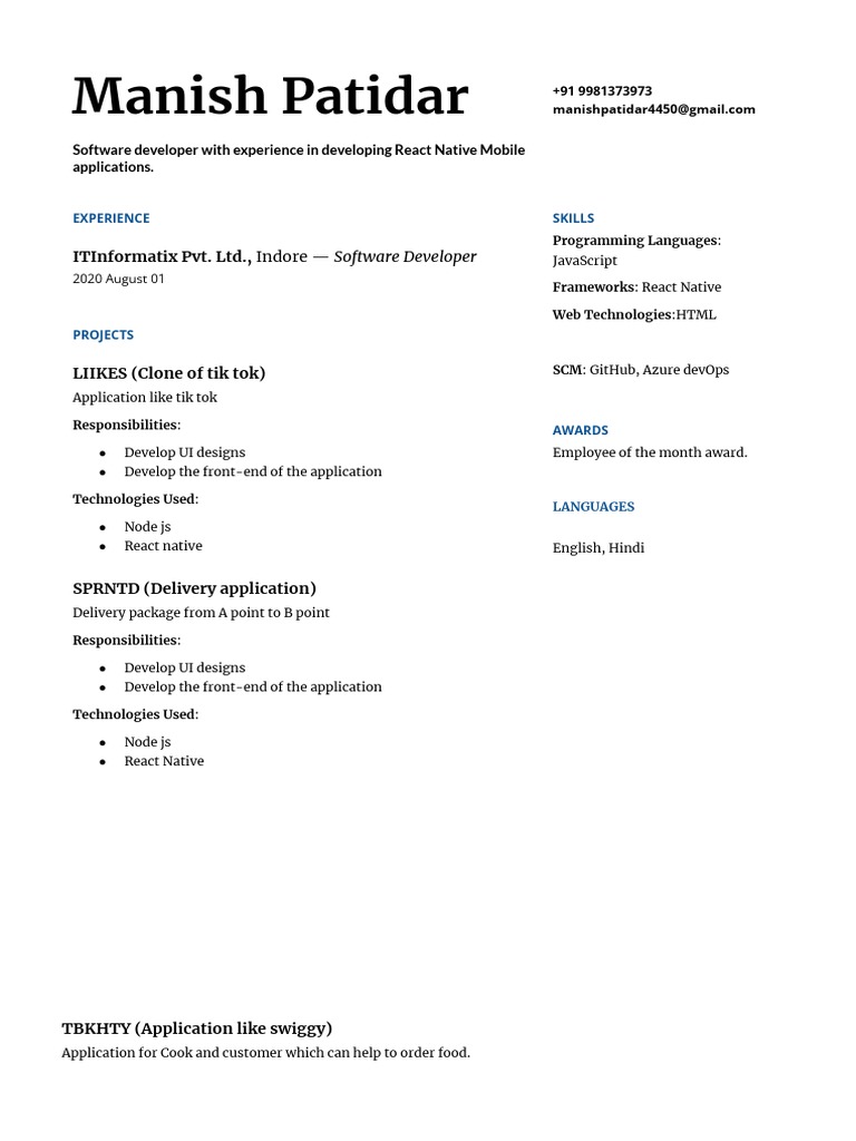 Manish Patidar: Itinformati P T. LTD., Indore - Soft Are de Eloper | PDF | Application Software ...