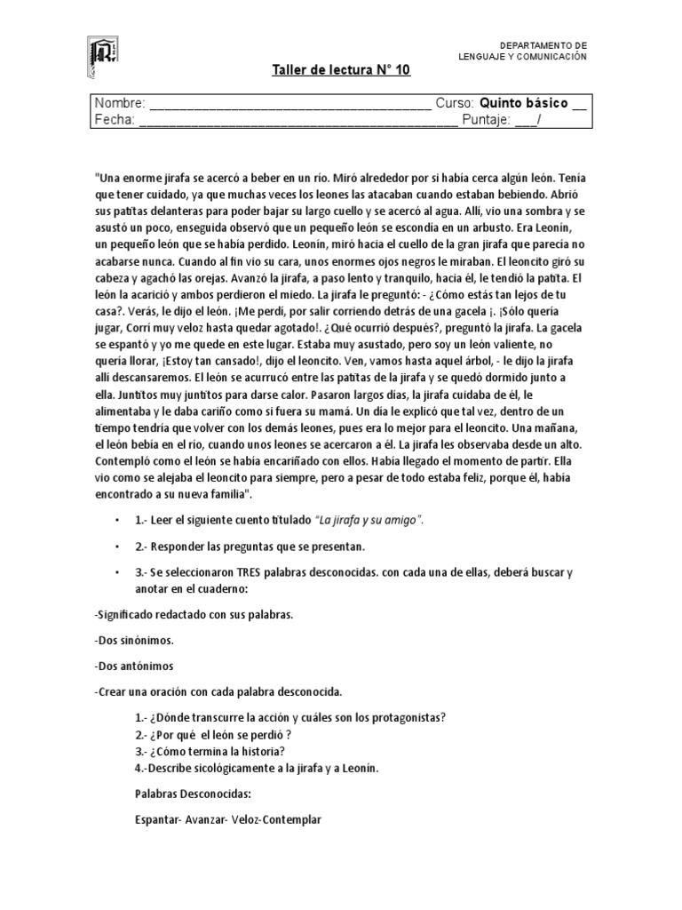 5° Taller de Lectura y Vocabulario N°10 | PDF