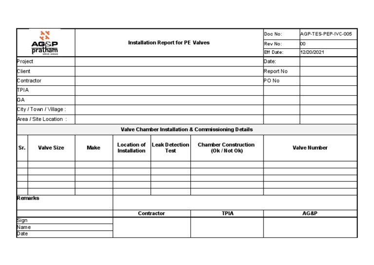 05 - Installation Report For PE Valves | PDF