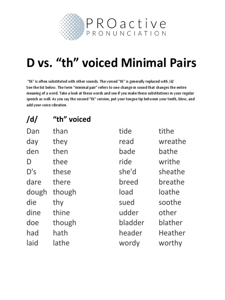 06 Part+Two Voiced+Th+vs+d+Minimal+Pairs | PDF 06 Part+Two Voiced+Th+vs+d+Minimal+Pairs | PDF