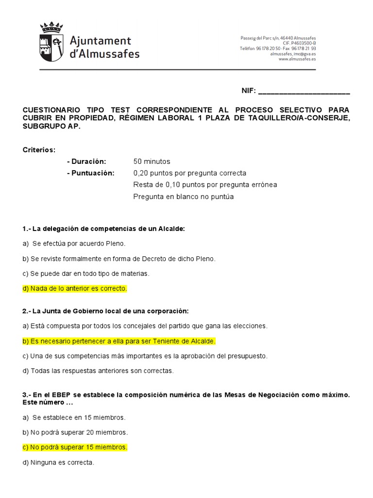 50 Minutos 0,20 Puntos Por Pregunta Correcta Resta de 0,10 Puntos Por Pregunta Errónea Pregunta ...