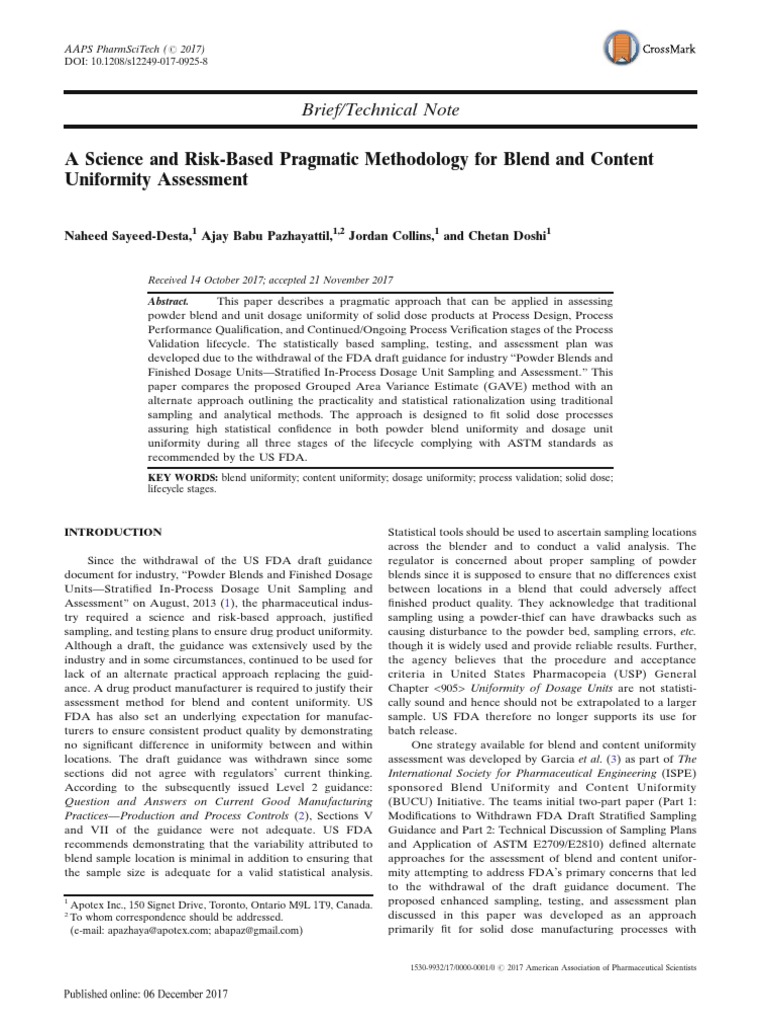 A Science and Risk-Based Pragmatic Methodology For Blend and Content Uniformity Assessment | PDF ...