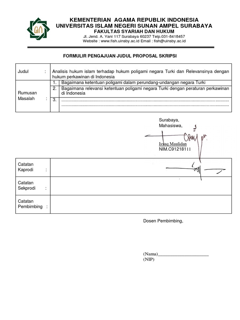 Formulir Pengajuan Judul Isyaq Maulidan. | PDF