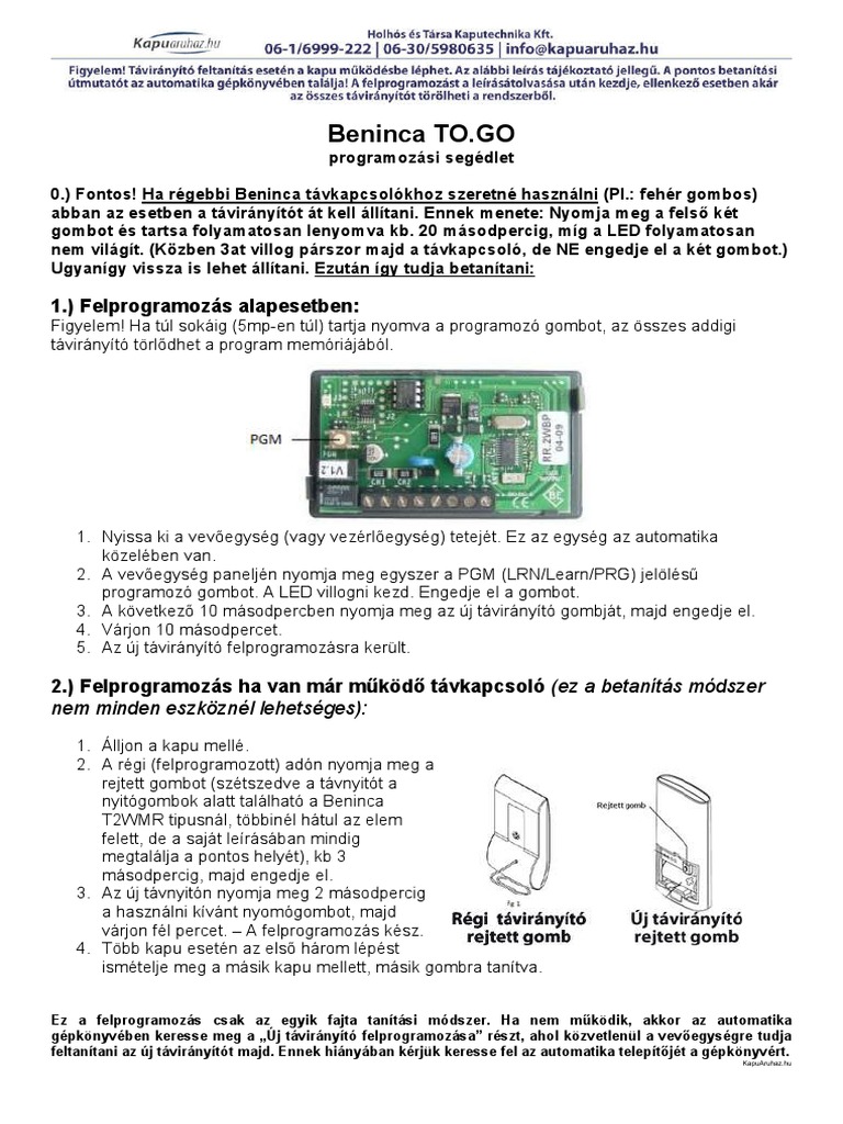 Beninca - ToGO Programozási Segédlet | PDF
