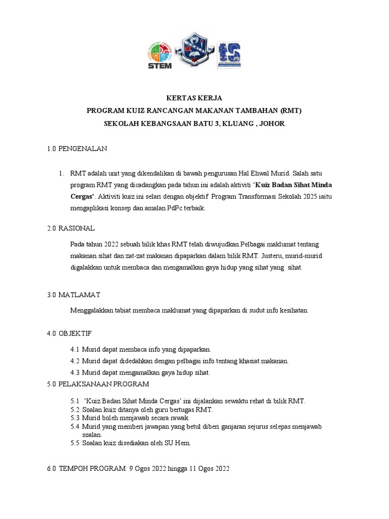 Kertas Kerja Projek RMT | PDF