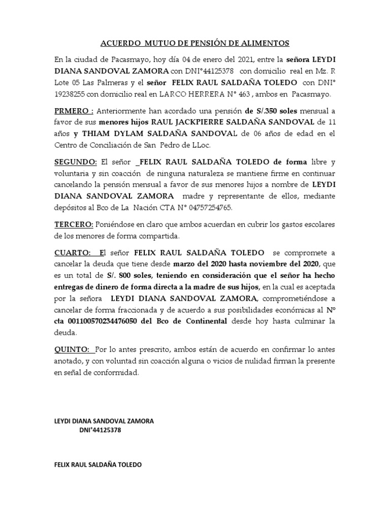 Acuerdo de Pensión de Alimentos Saldaña | PDF
