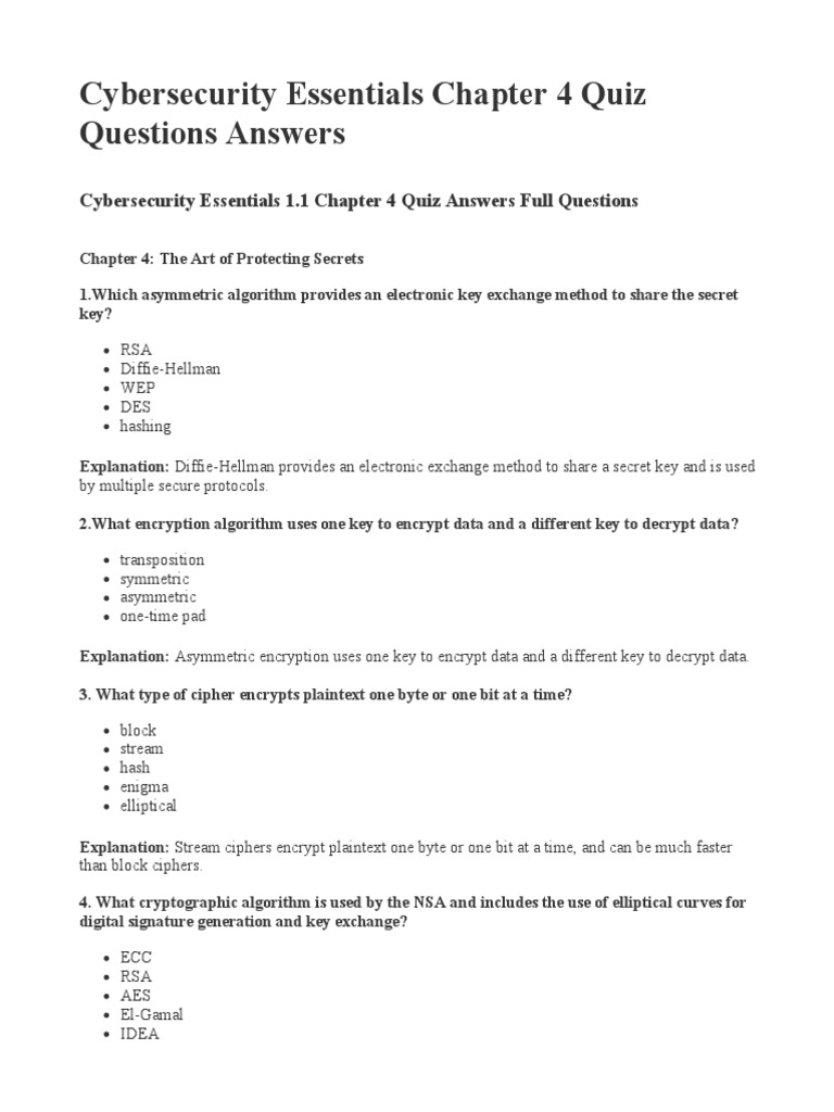Cybersecurity Essentials Chapter 4 Quiz Questions Answers | Download Free PDF | Cryptography ...