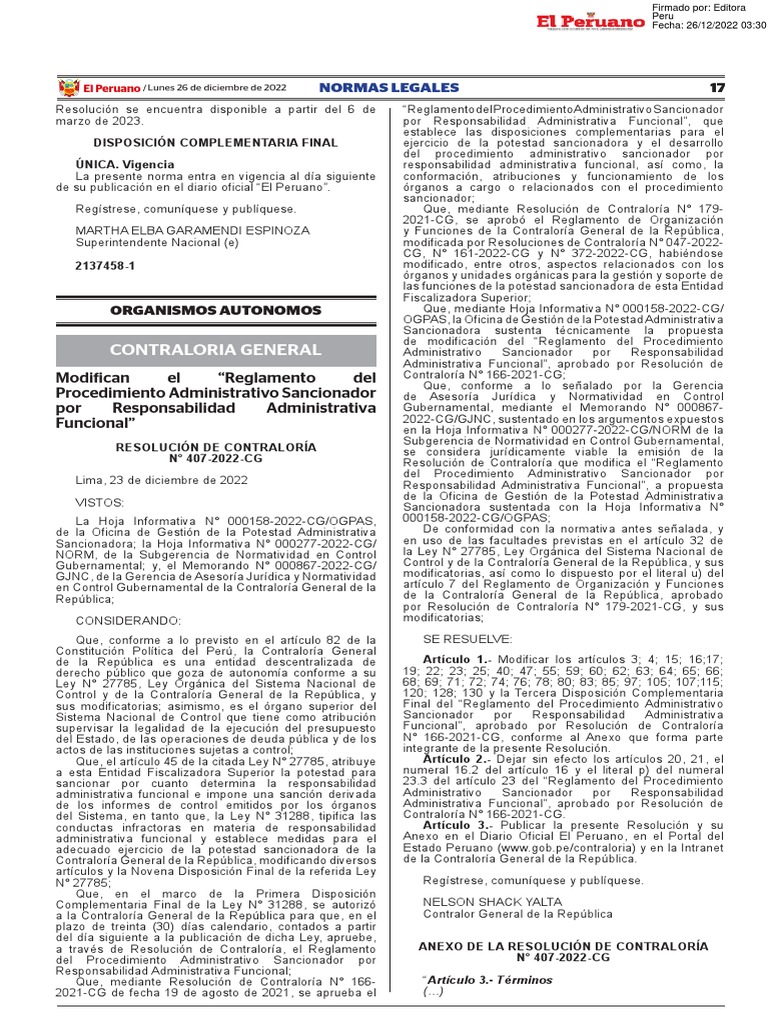 Modifican El "Reglamento Del Procedimiento Administrativo Sancionador Por Responsabilidad ...