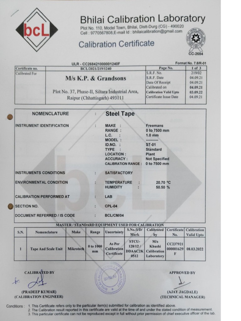 Calibration Certificate Steel Tap | PDF