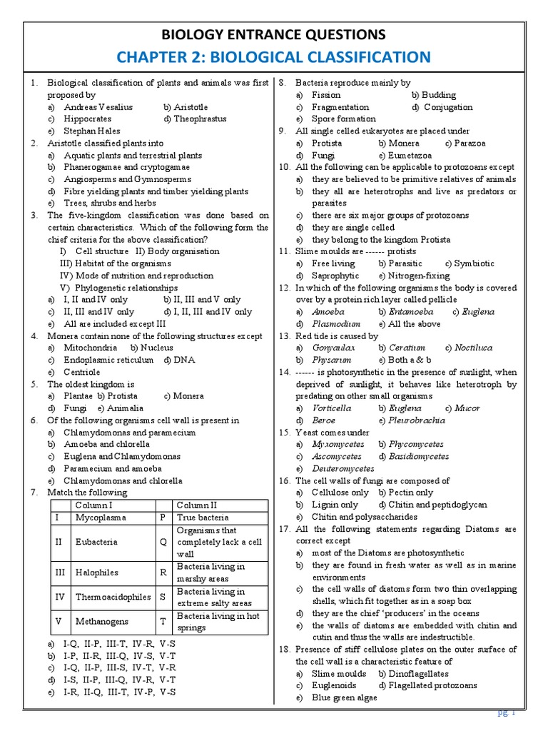 2 Biological Classification Entrance Questions N Answers | PDF | Cell ...