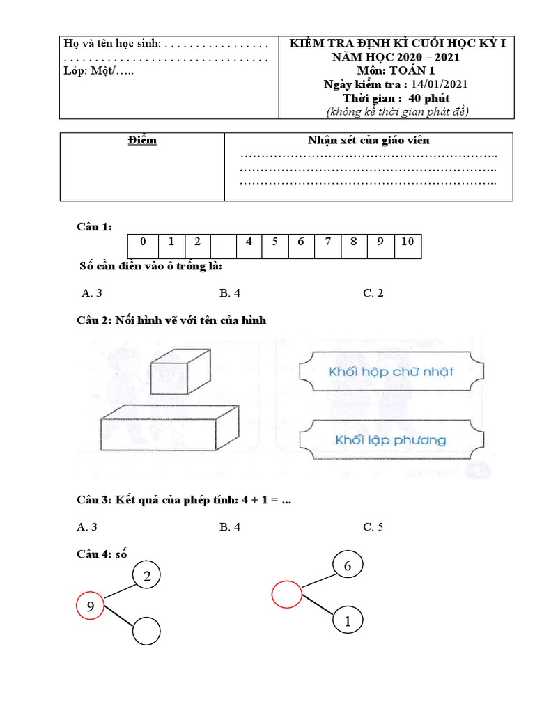 Đề Kiểm Tra Toán 1 Hk1 2020-2021 | PDF