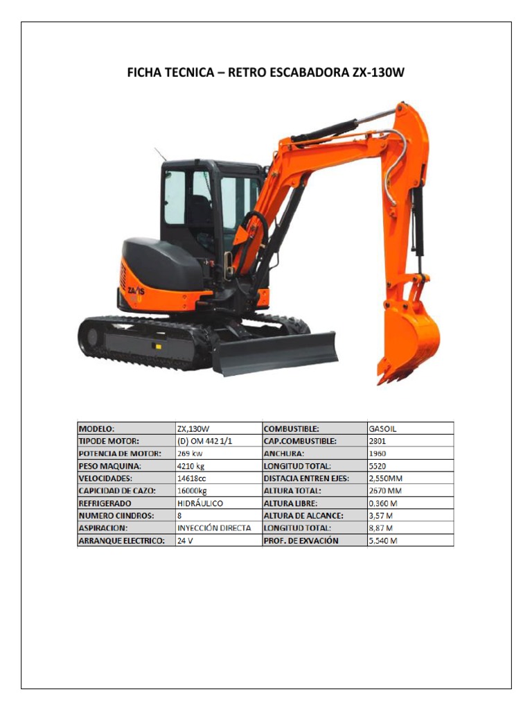 Características clave y especificaciones técnicas de la retroexcavadora ZX-130W | PDF