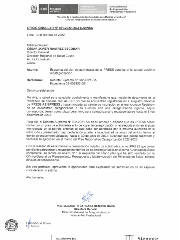 Oficio-Circular-N°-061-2022-Dgain-Minsa-Cusco Oficio Circular 2022 | PDF