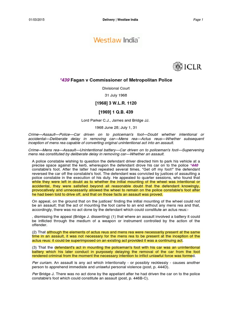 Fagan v. Commissioner of Metropolitan Police | PDF | Mens Rea | Assault