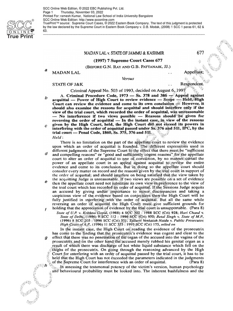 Madan Lal v. State of Jammu and Kashmir | PDF | Supreme Court Of India ...