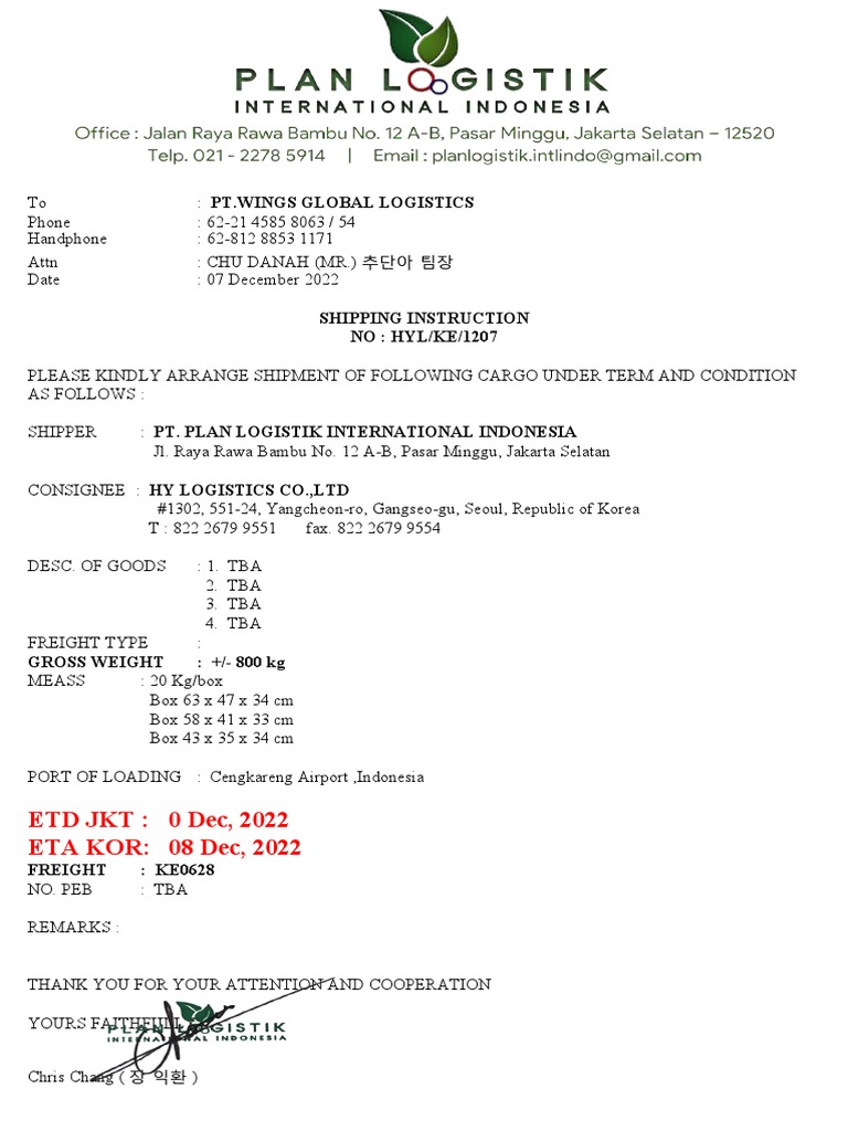 Shipping Instruction (1206) | PDF
