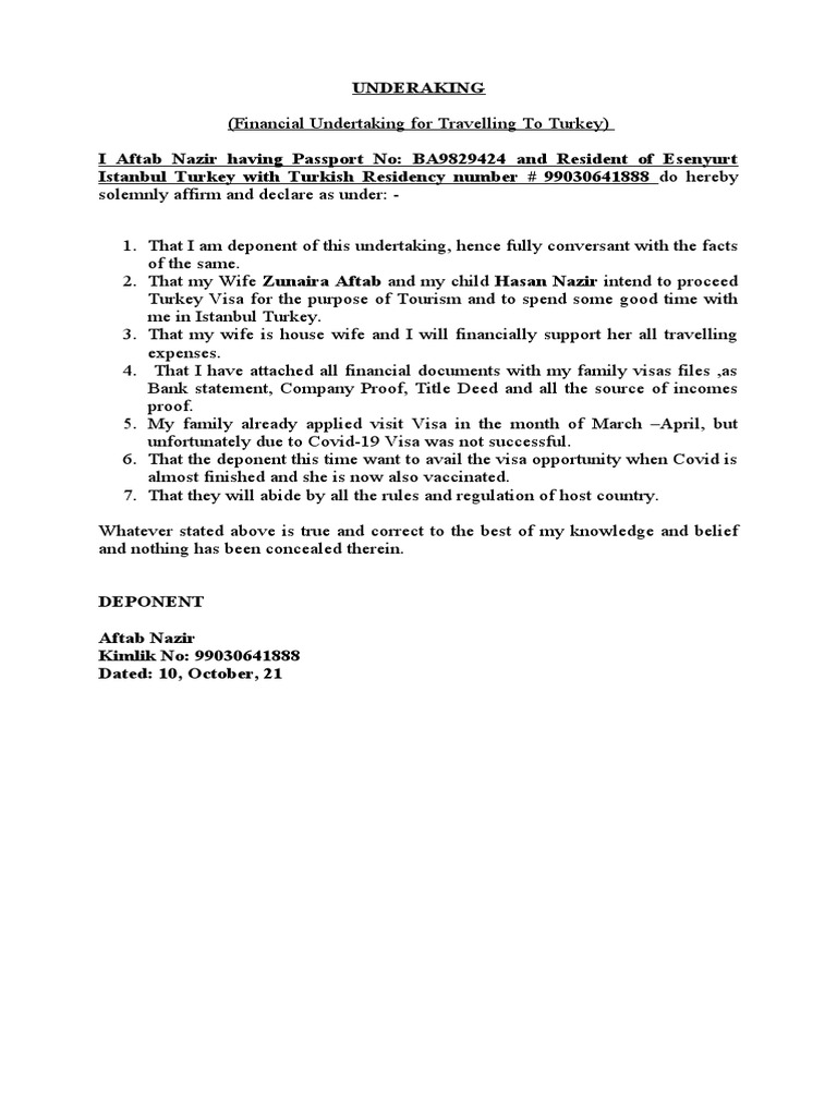 Financial Undertaking for Turkey Visa | PDF | Social Science