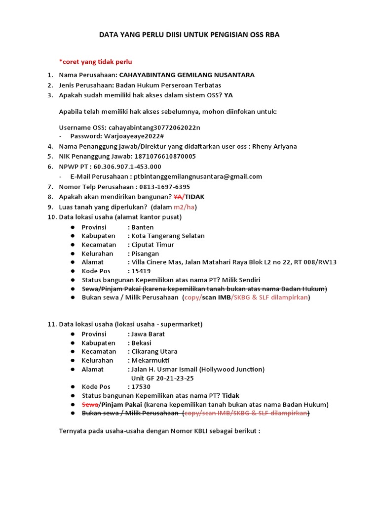 Form Pengisian DATA OSS | PDF