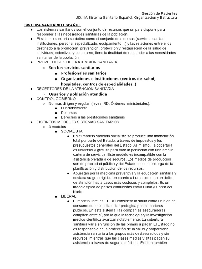 UD. 1A Sistema Sanitario Español. Organización y Estructura | PDF | Hospital | Sistema de salud
