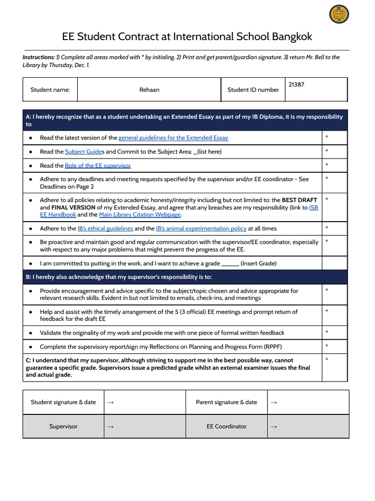 Rehaan Matthew GOYAL - EE Student Contract | PDF