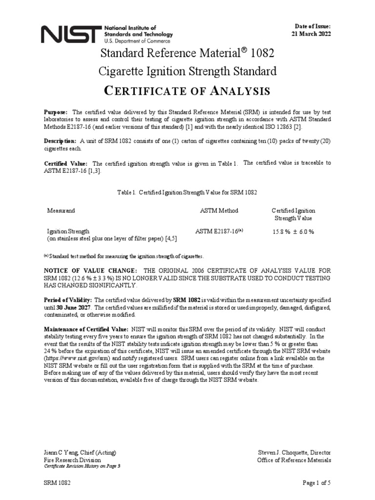 Standard Reference Material 1082 Cigarette Ignition Strength Standard | PDF | Uncertainty ...