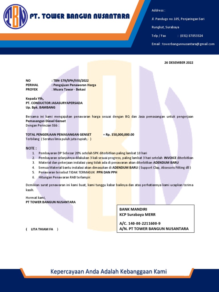 Penawaran Pemasangan Genset Muara Tawar | PDF