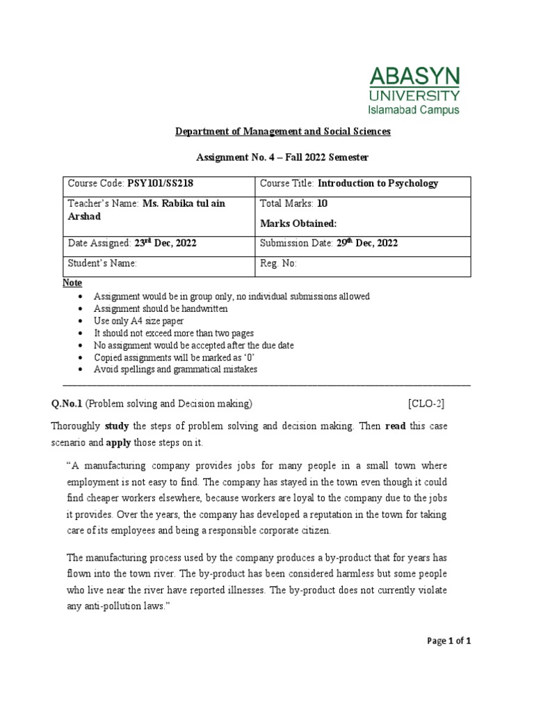 PSY101 Assignment: Problem Solving Steps | PDF | Career & Growth
