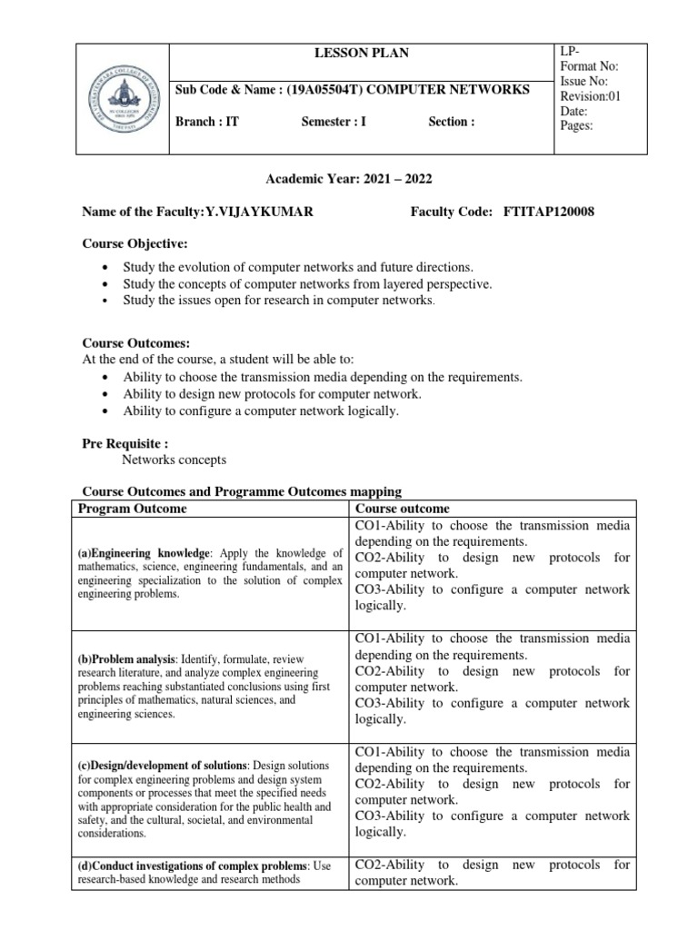 CN Lesson Plan | PDF | Computer Network | Internet Protocol Suite